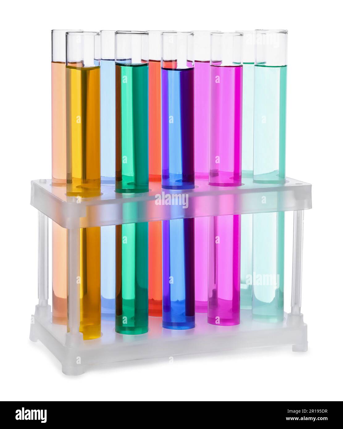 Many test tubes with colorful liquids in stand on white background ...