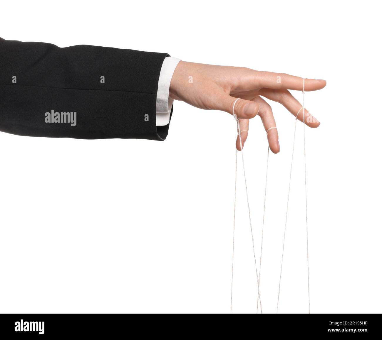 Woman pulling strings of puppet on white background, closeup Stock ...