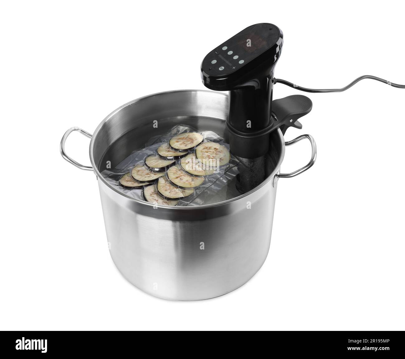 Thermal immersion circulator and vacuum packed eggplant in pot on white ...
