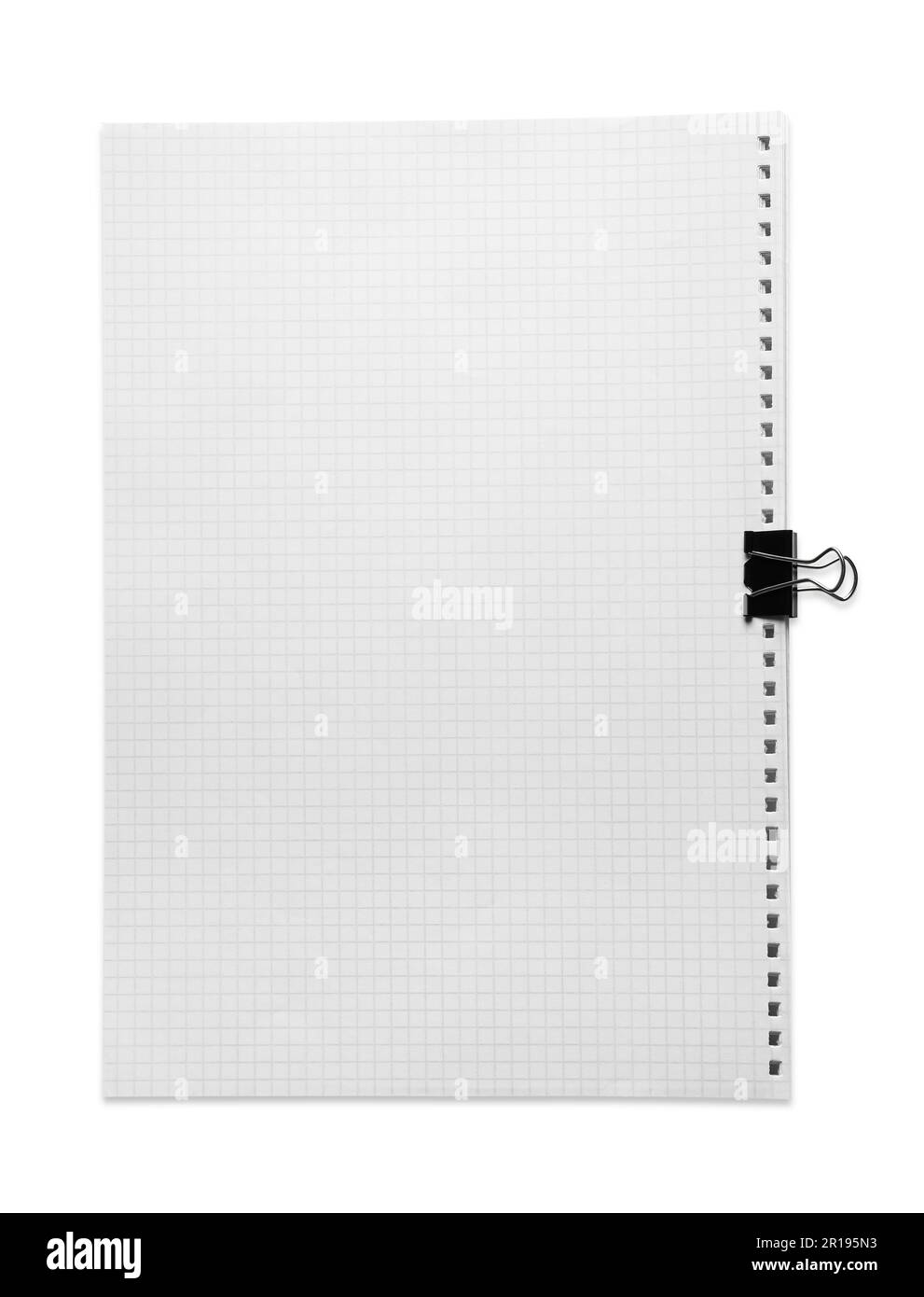 Checkered sheets of paper with binder clip on white background, top ...