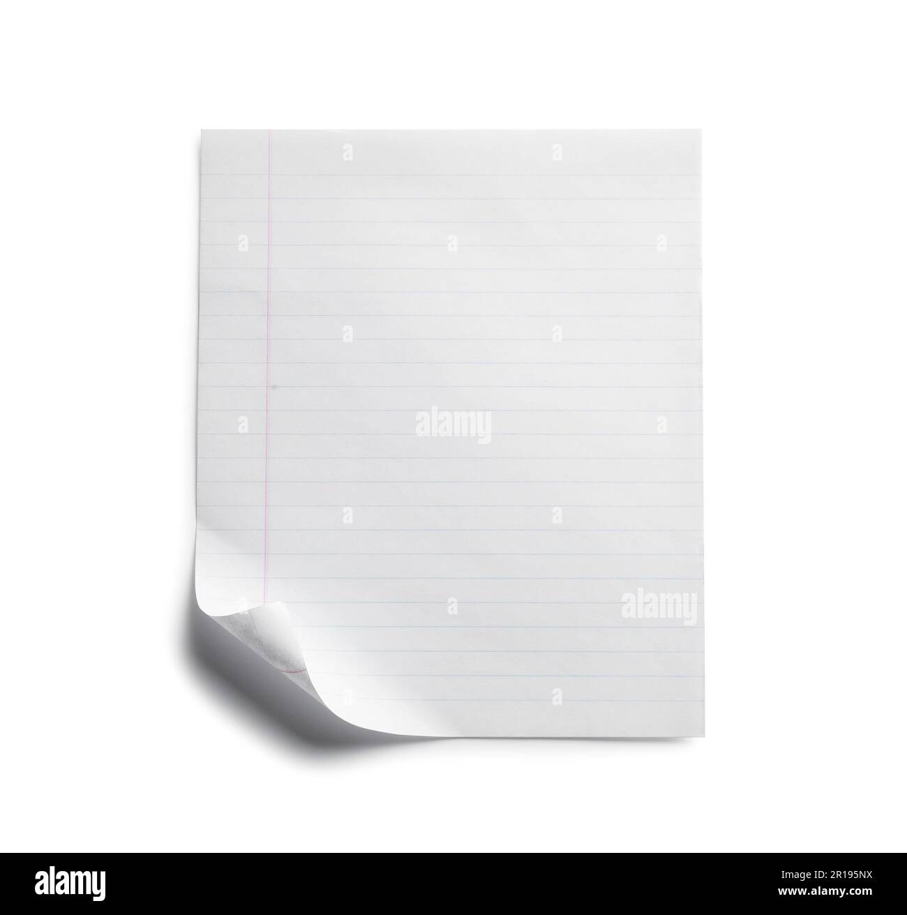 Lined sheet of paper with turned down corner on white background, top ...