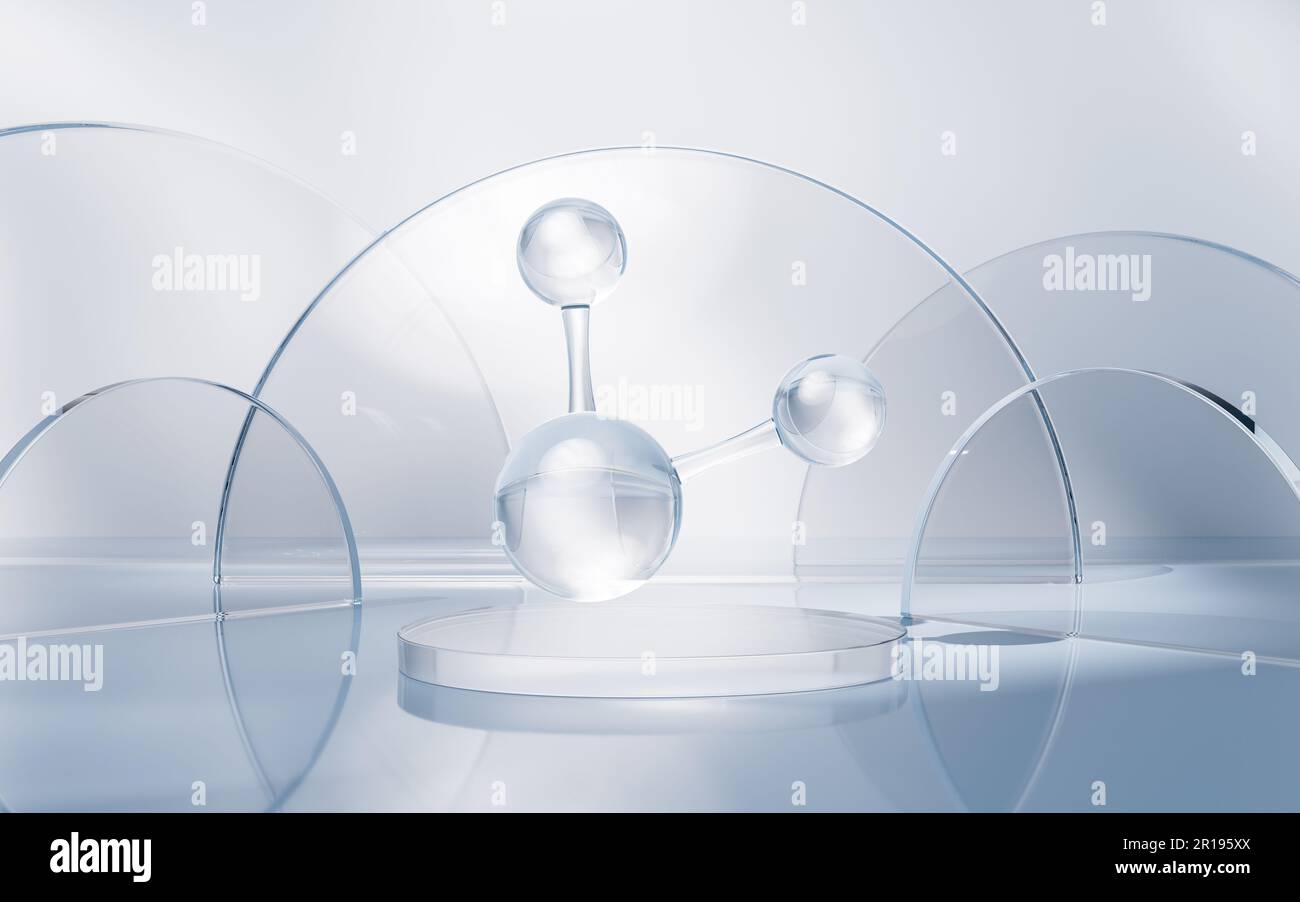 Molecule with glass geometry background, 3d rendering. Digital drawing ...