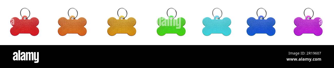 Set with multicolor bone shaped dog tags on white background. Banner ...