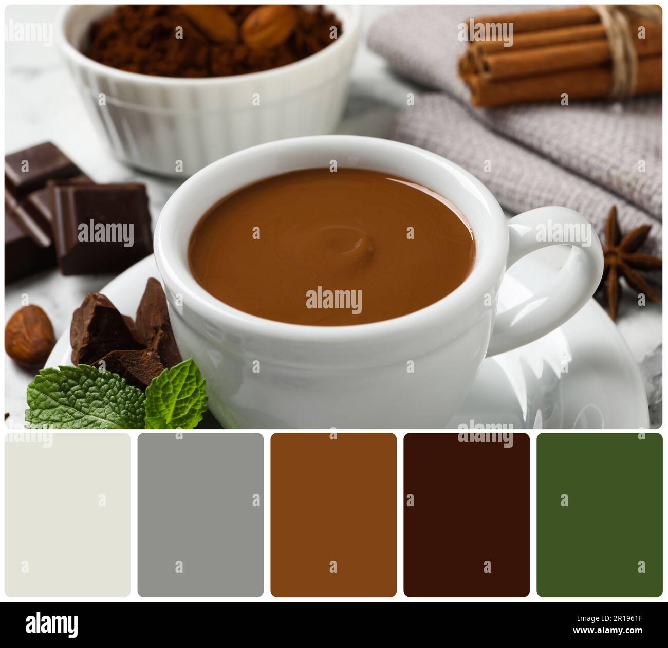 Yummy hot chocolate in cup on white table and color palette. Collage ...