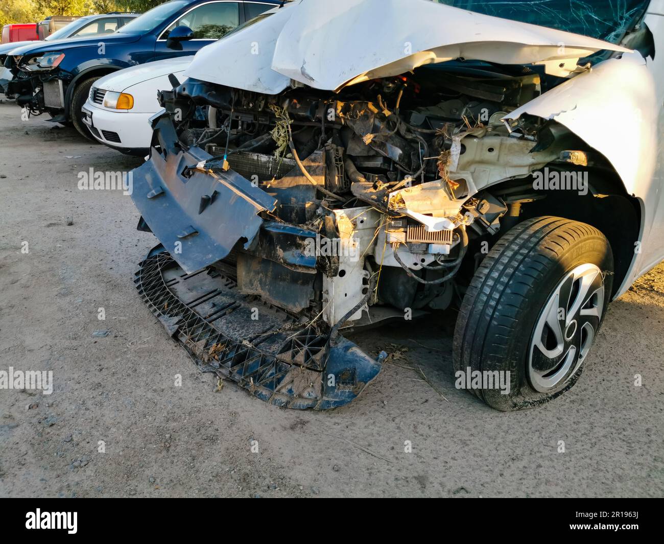 Broken and burned cars in the parking lot, accident or deliberate ...