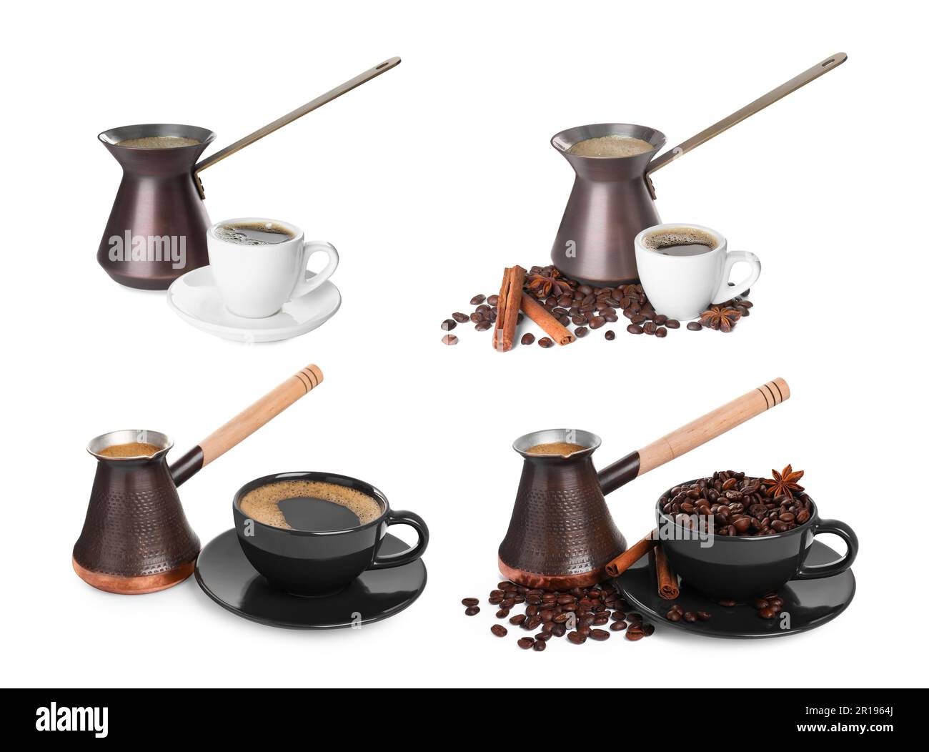 Set with different turkish coffee pots (cezve) with hot coffee and ...