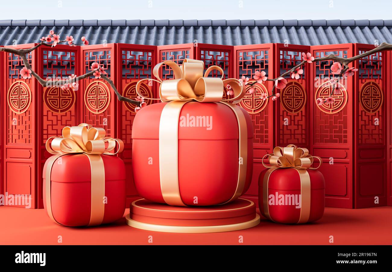 Gift box with Chinese ancient background, 3d rendering. Digital drawing ...