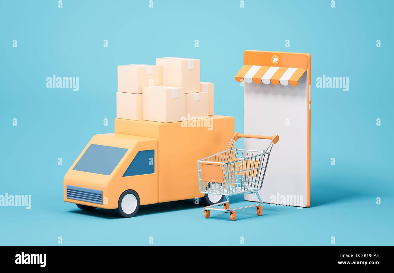 Truck and cargo box with cartoon style, 3d rendering. Digital drawing ...