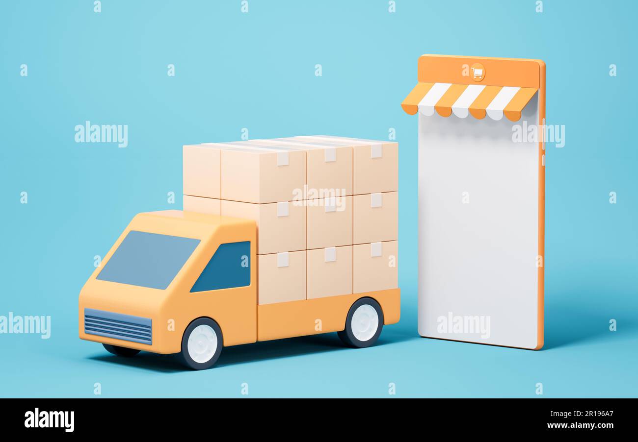 Truck and cargo box with cartoon style, 3d rendering. Digital drawing ...