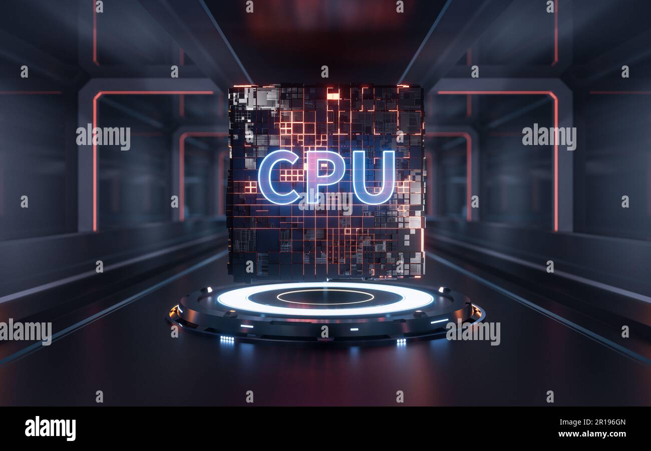 CPU cube with technology background, 3d rendering. Digital drawing ...