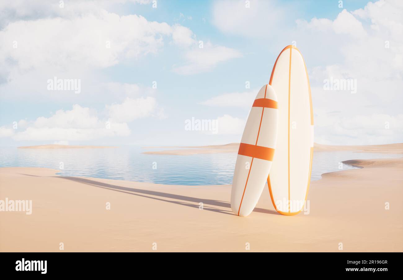 Surfboard at the beach, 3d rendering. Digital drawing Stock Photo - Alamy