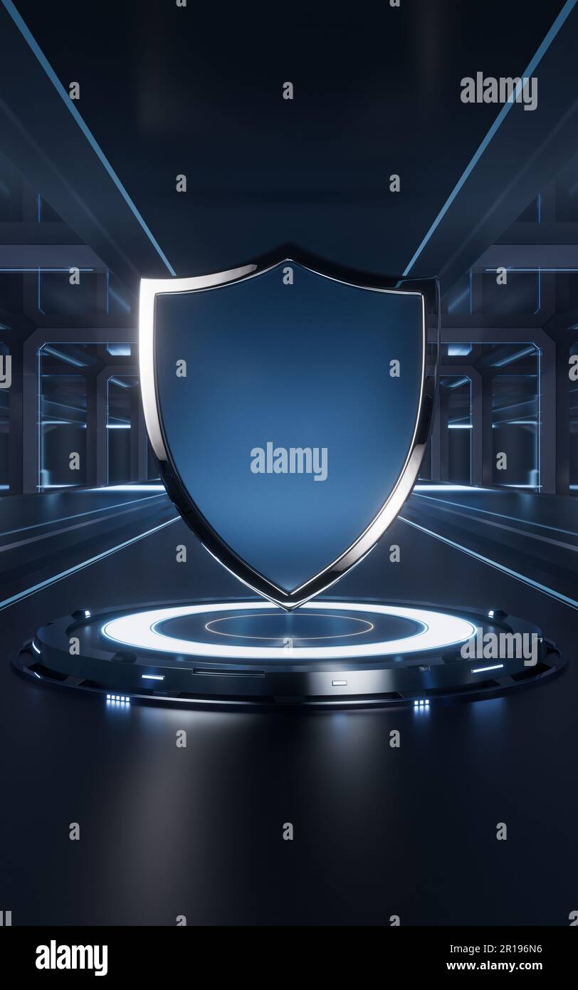 Glossy shield with technology background, 3d rendering. Digital drawing ...