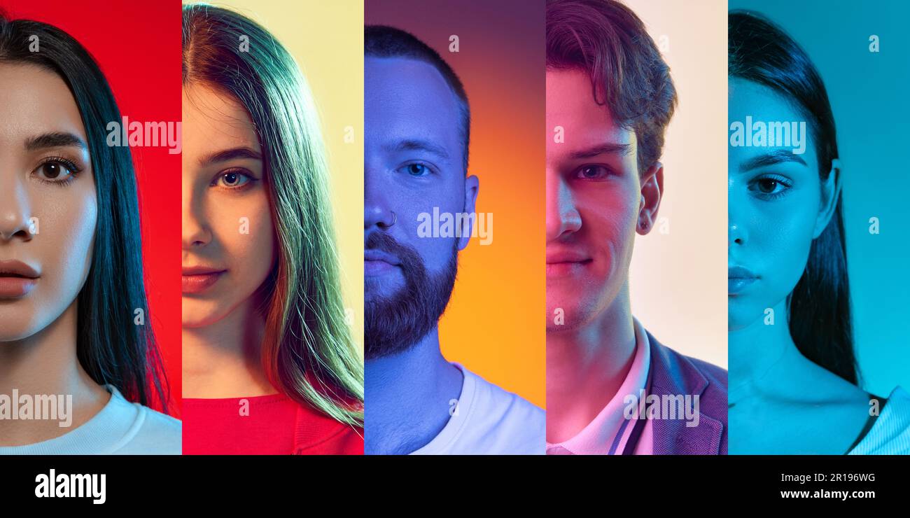 Cropped male and female serious young faces, placed on narrow vertical ...