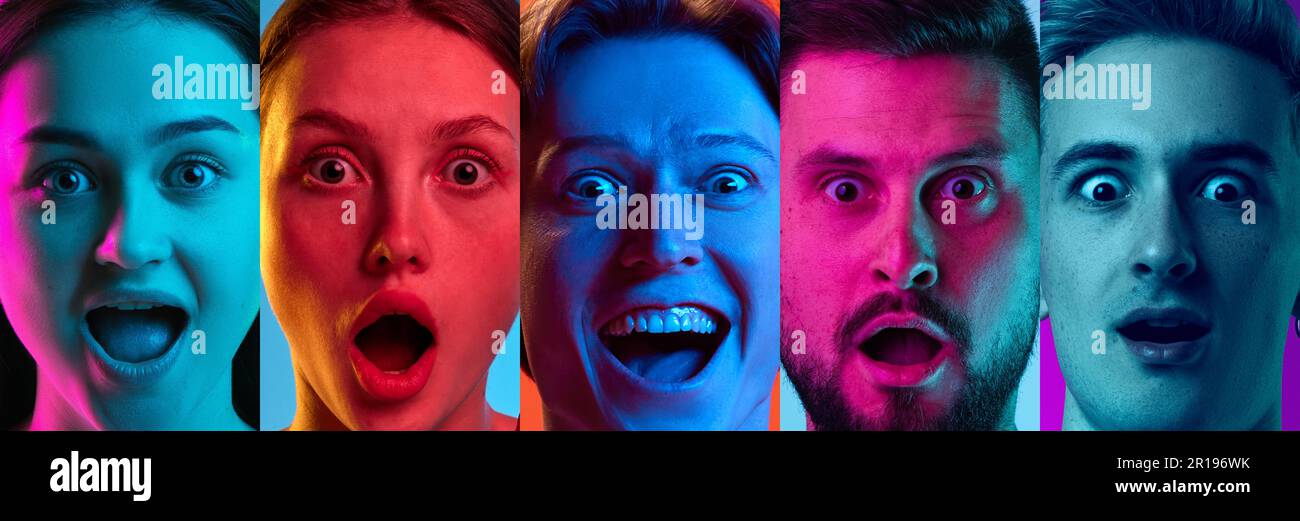 Composite image of surprised young people faces, male, female ...