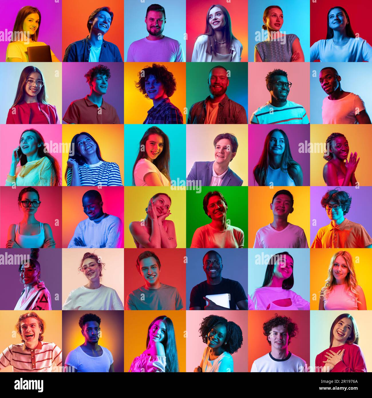 Collage of large group of ethnically diverse smiling people, men and ...