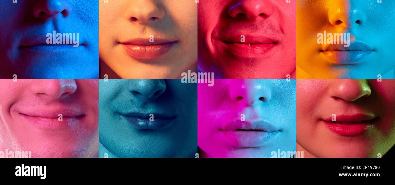 Collage with close up male and female faces, noses and mouths smiling ...