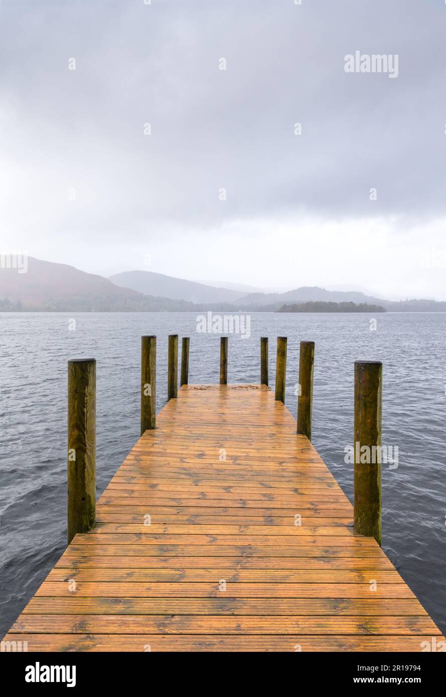 Ashness jetty in rain, Derwentwater, Lake District National Park ...