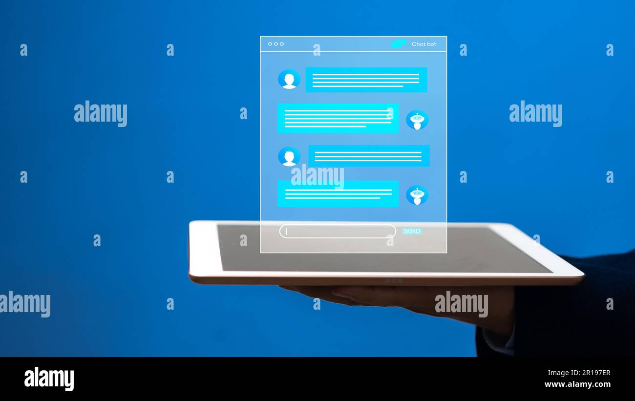 Chat with AI or Artificial Intelligence. Digital chatbot, robot application, OpenAI generate ...