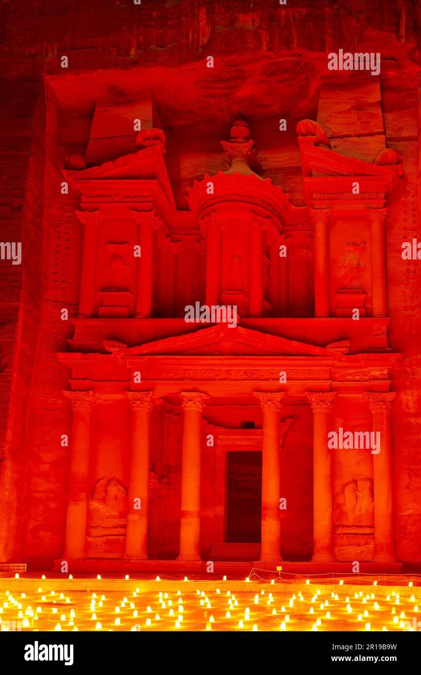 Jordan. Petra archaeological city. Al Khazneh (the Treasury) by night ...