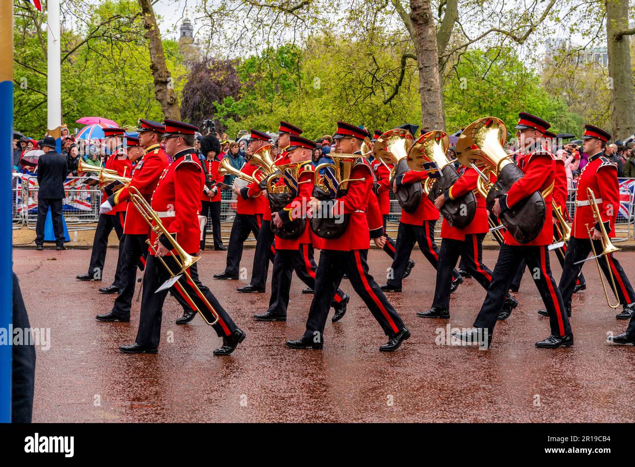 A British Army Military Band Marches Along The Mall As Part Of THe King ...