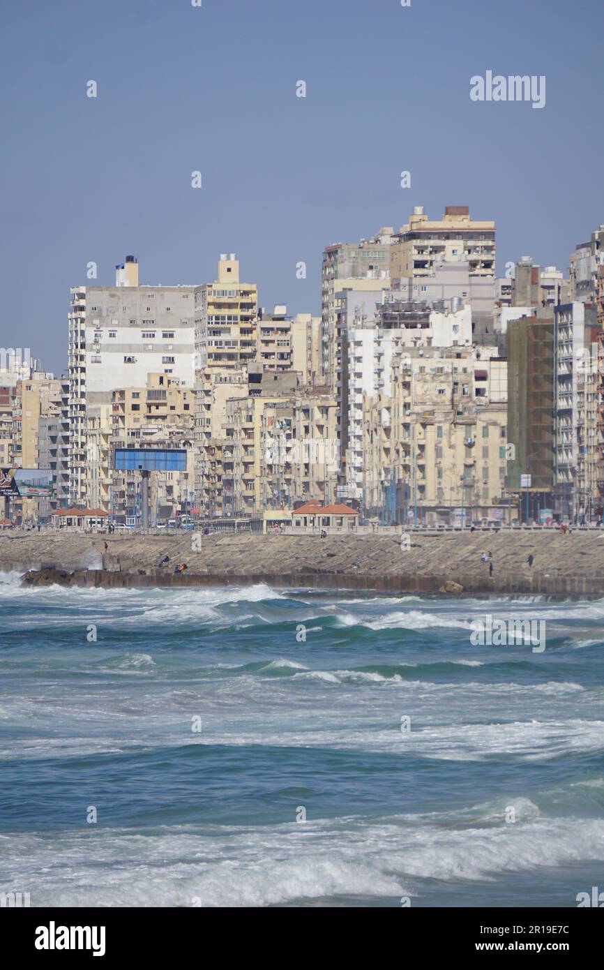 Buildings by the side of the Mediterranean beach in Alexandria, Egypt ...