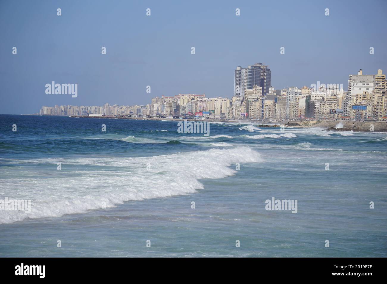 Buildings by the side of the Mediterranean beach in Alexandria, Egypt ...