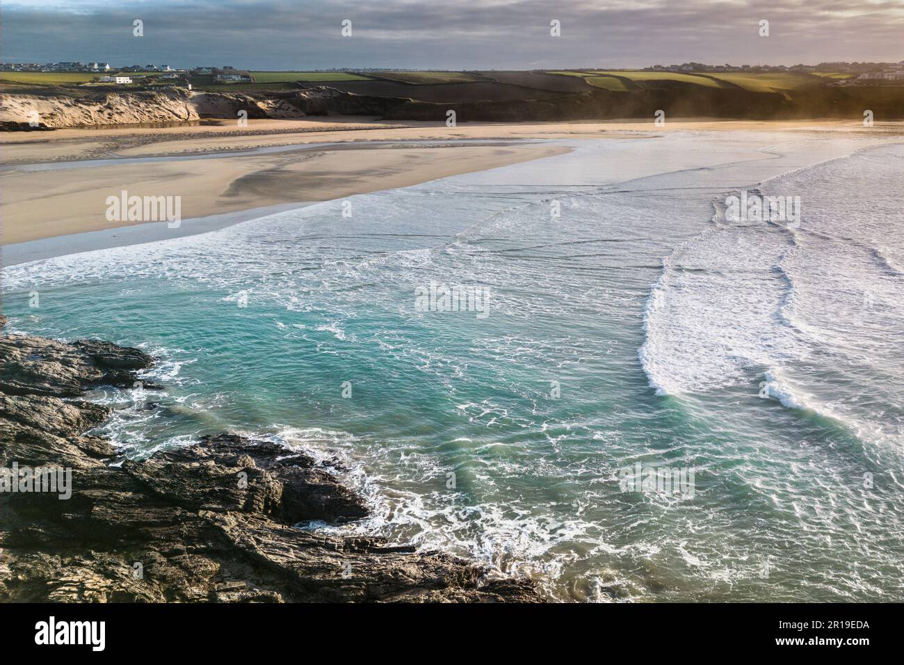 An aerial view of incoming tide at Crantock Beach in Newquay in ...
