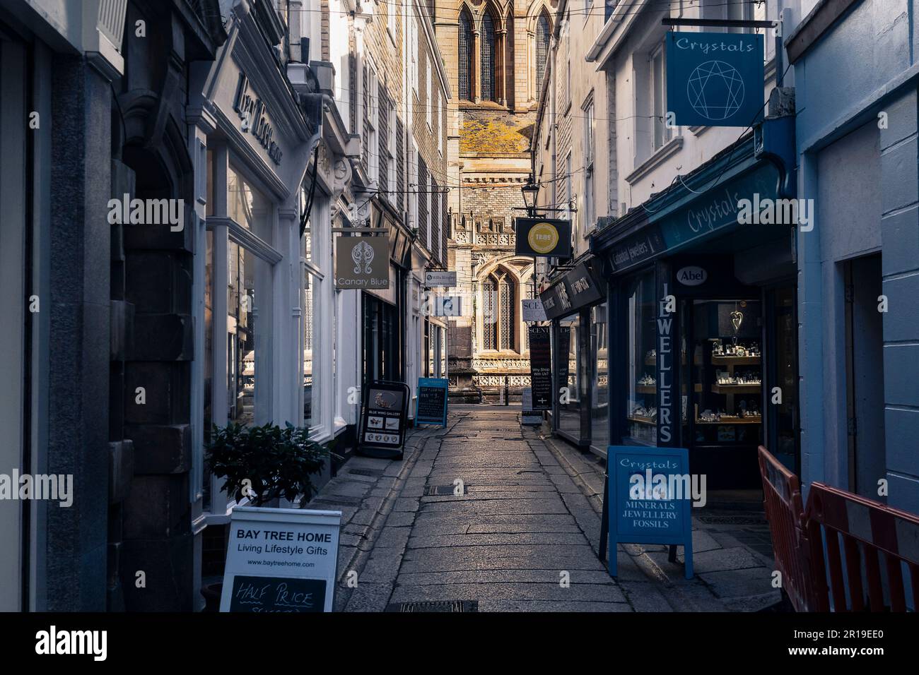 The historic Cathedral Lane in Truro in Cornwall in England in the UK ...