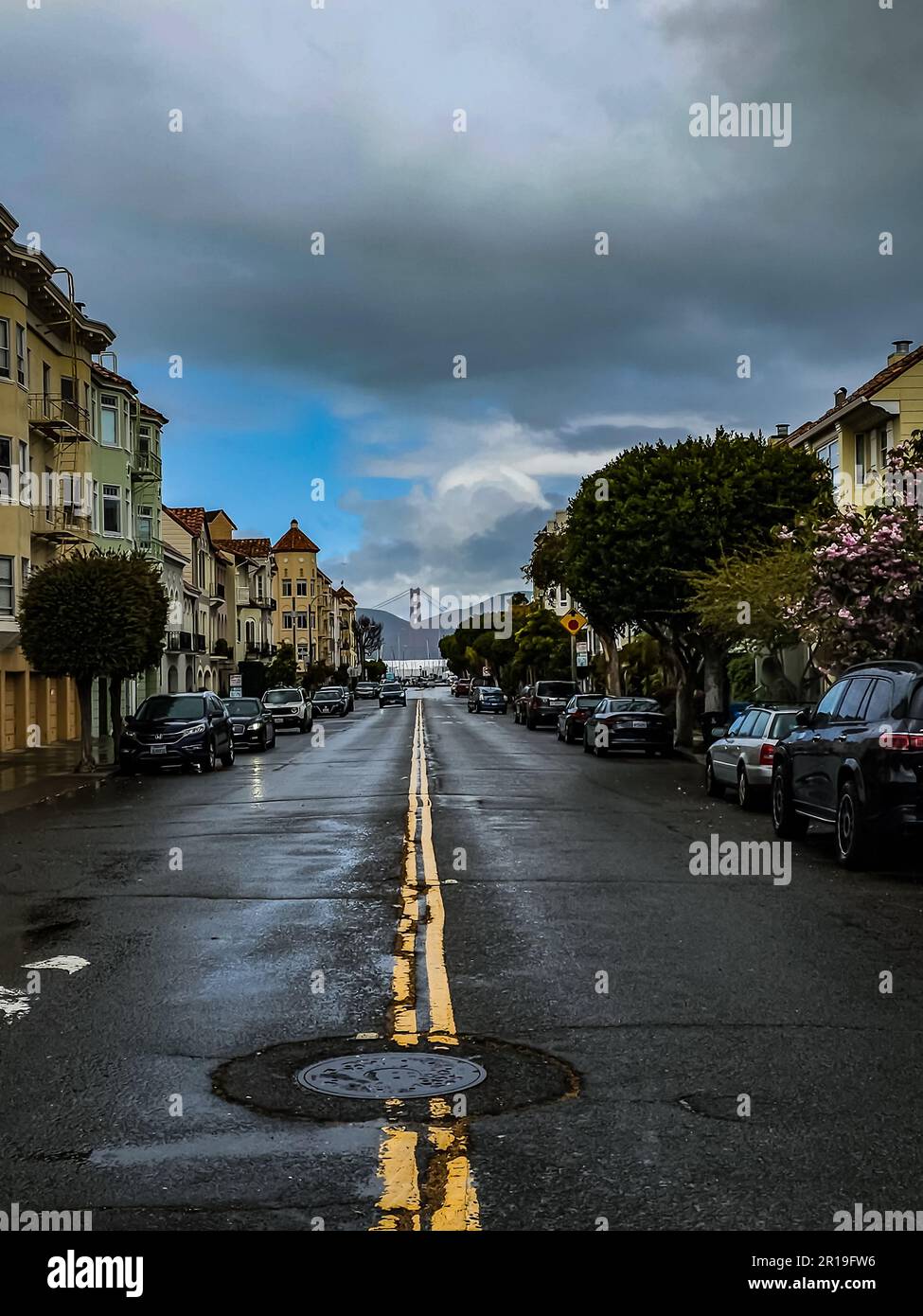 The Cervantes Street in San Francisco against the Golden Gate Bridge on ...