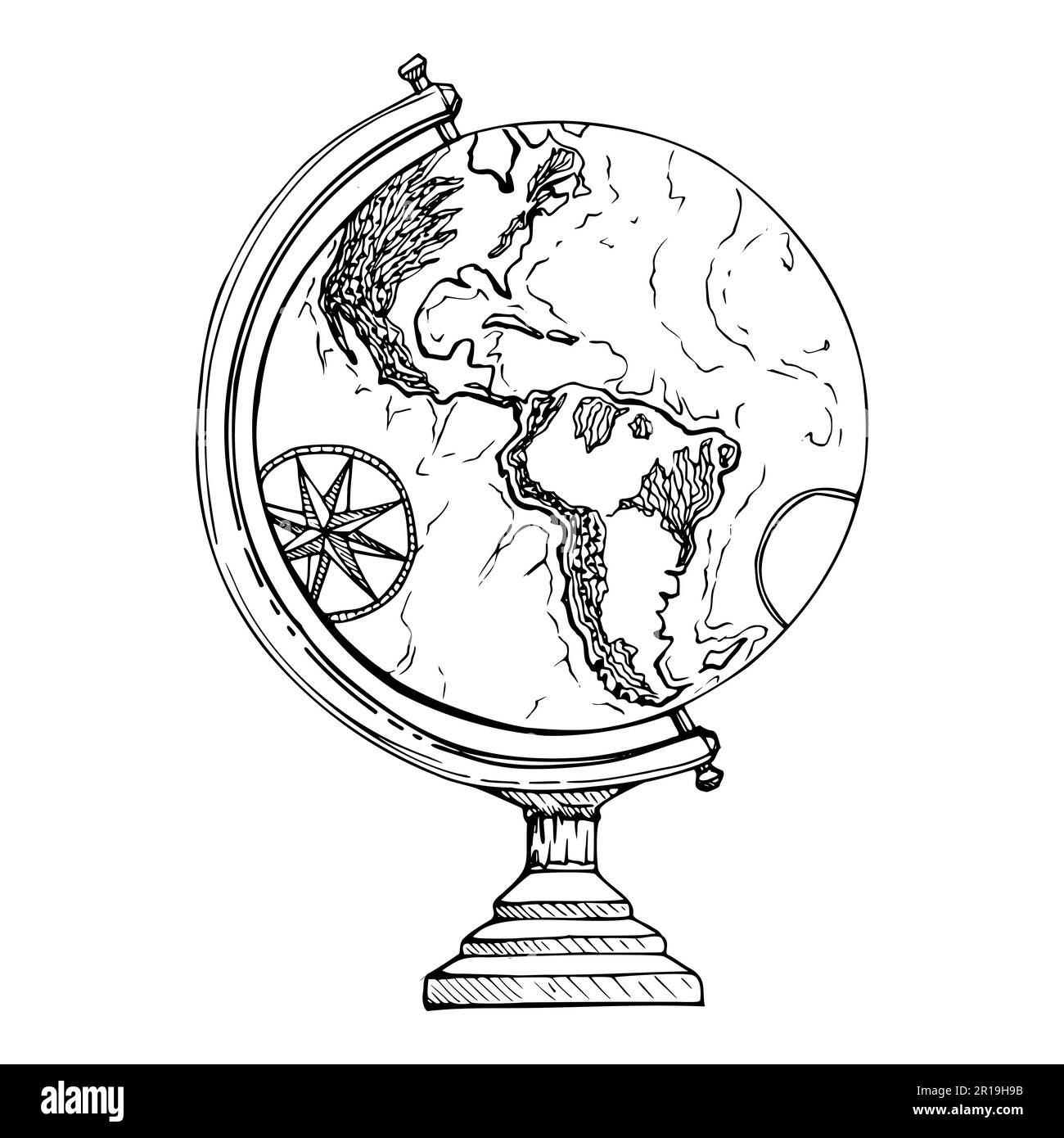 Ink hand drawn vector sketch of isolated object. Old vintage globe with ...
