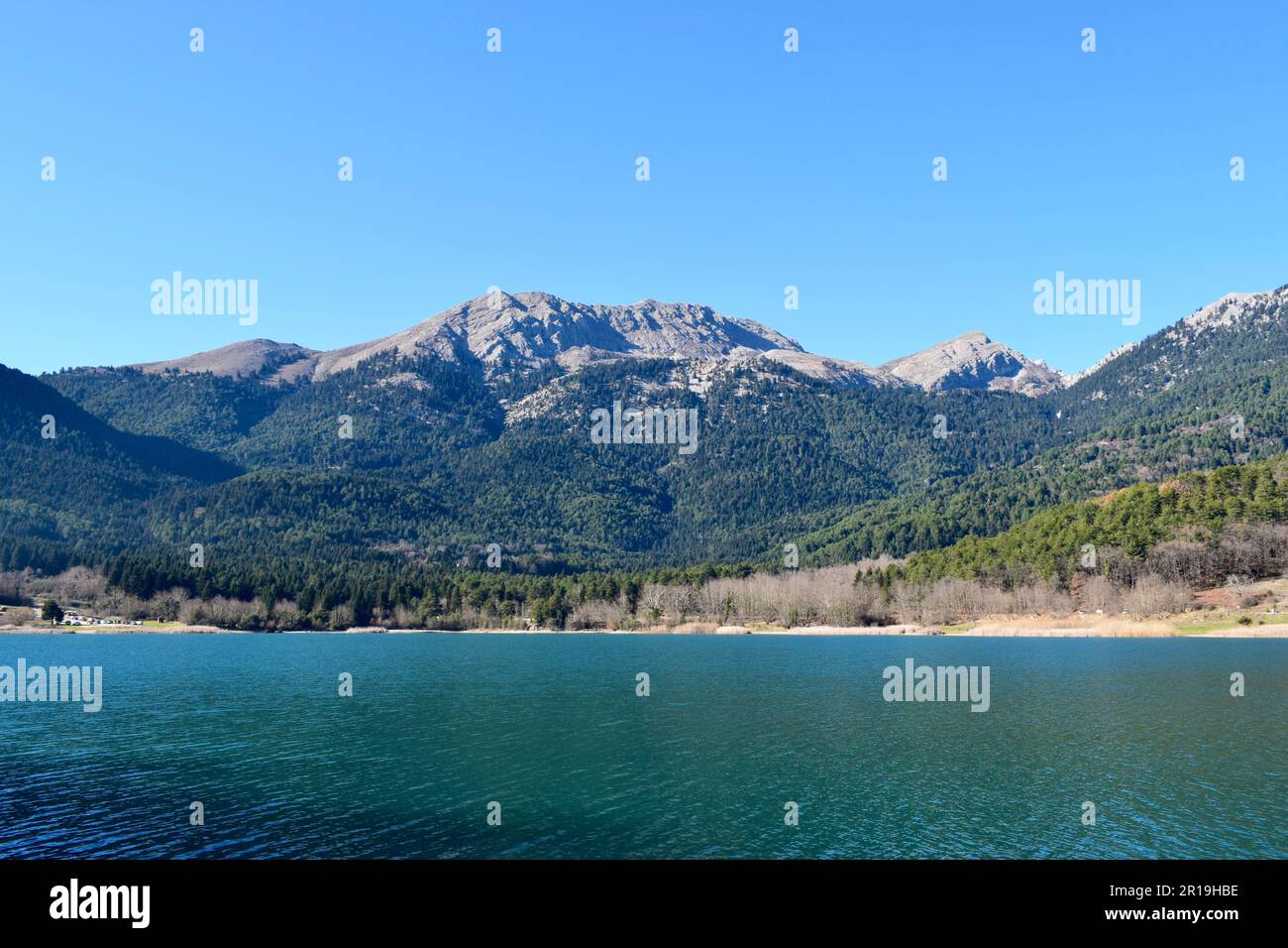 Artificial lake Doxa with view to mountain Zireia Stock Photo - Alamy