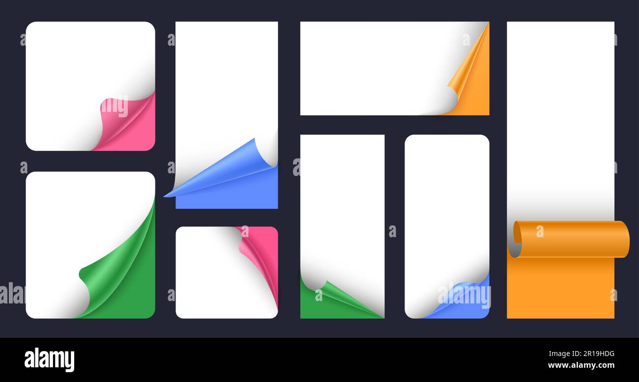 Color curled corner frames. Peeling sticker effect with turn page fold ...