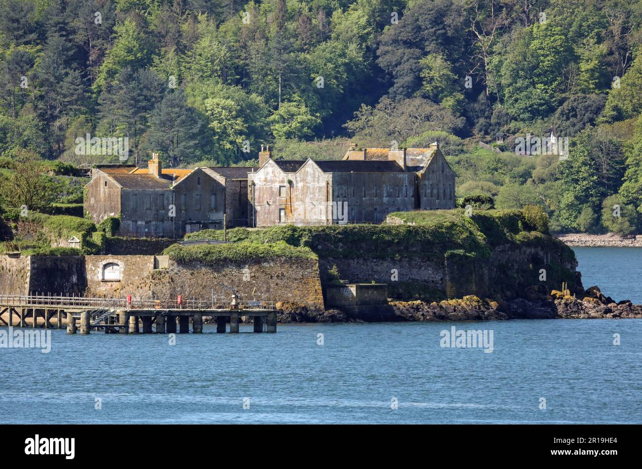 Long shot of historic buildings on Drakes Island just south of Plymouth ...