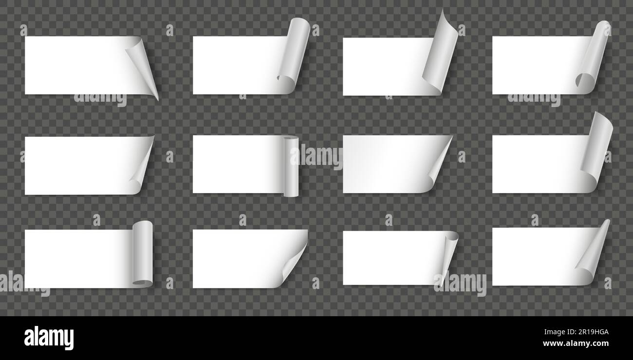 Paper stickers with curled corner. White tape with turned up bent ...