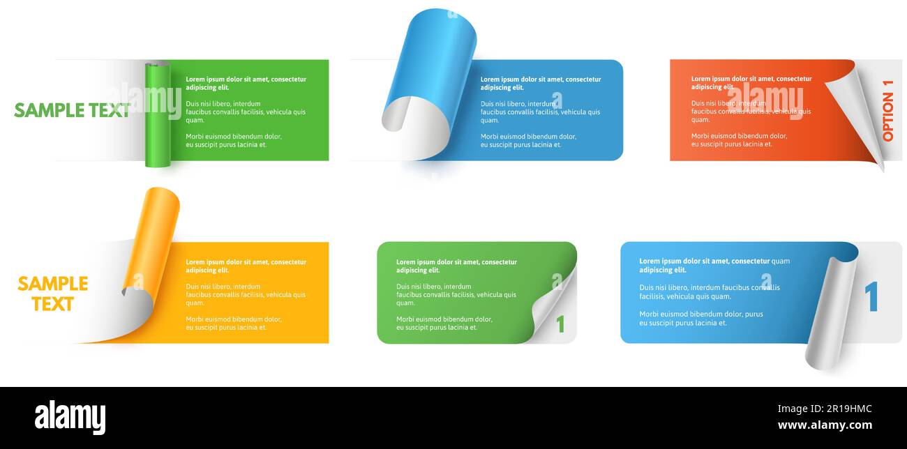 Infographic banner with peeling sticker. Listed badge with curled ...