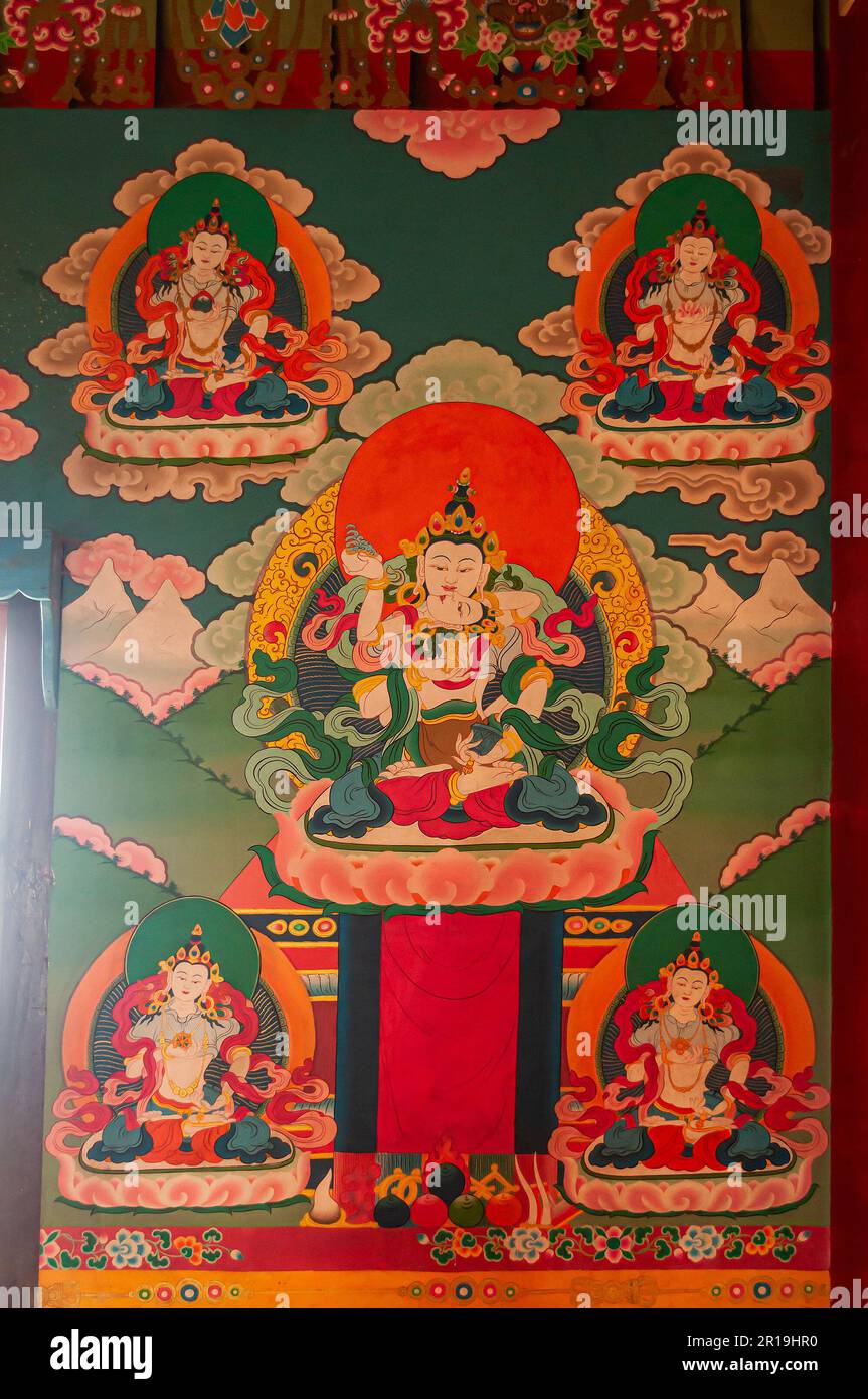 Sikkim, India - 22nd March 2004 : Colorful Buddist murals , piece of ...