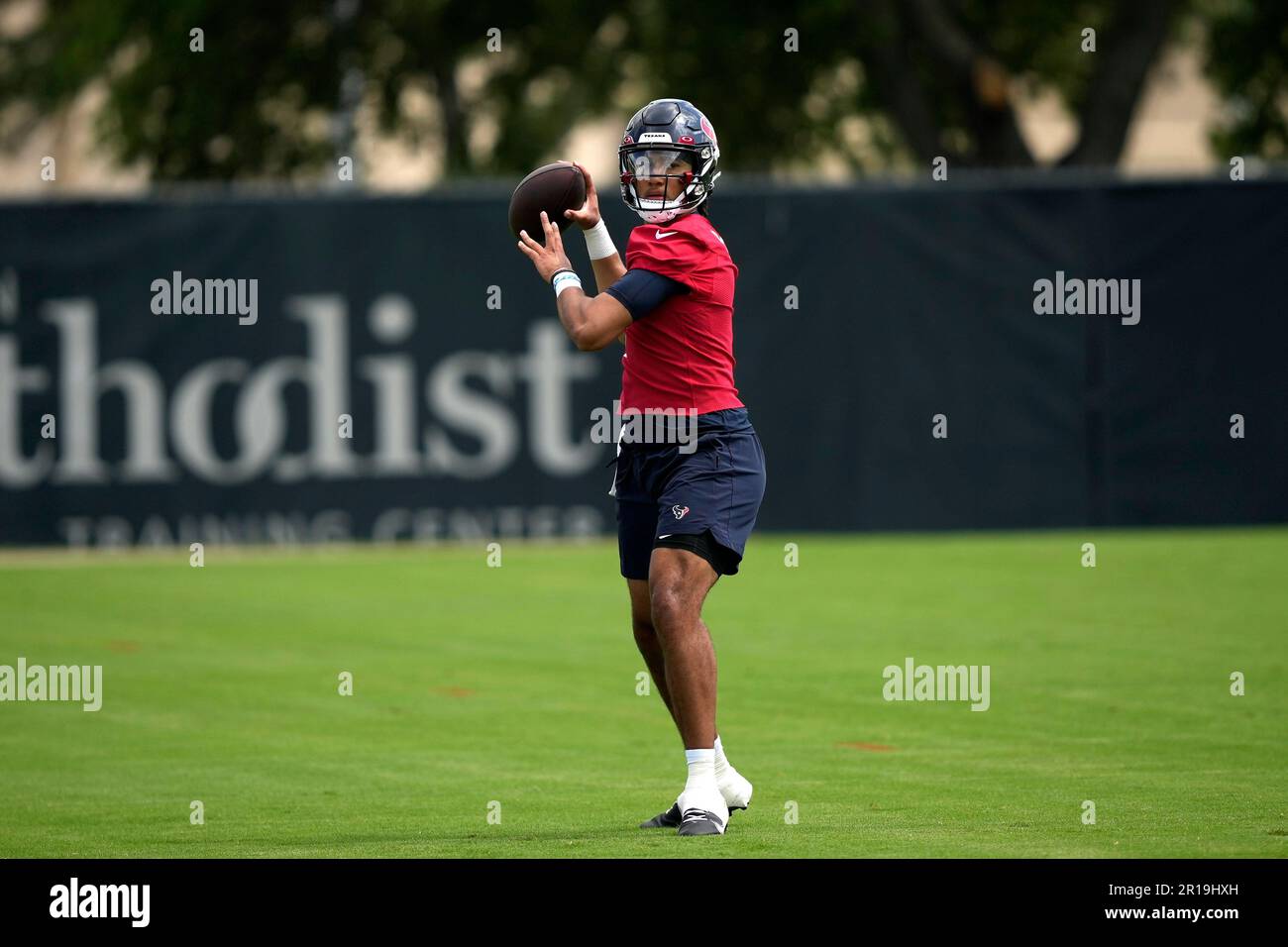 Houston Texans quarterback C.J. Stroud throws a pass during a rookie football minicamp practice ...