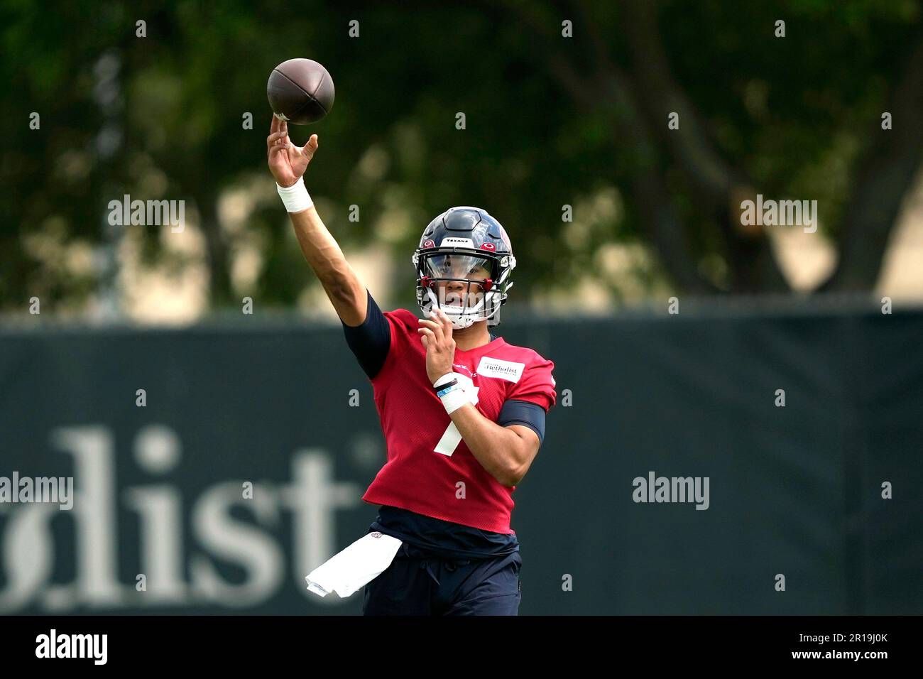 Houston Texans quarterback C.J. Stroud throws a pass during a rookie football minicamp practice ...