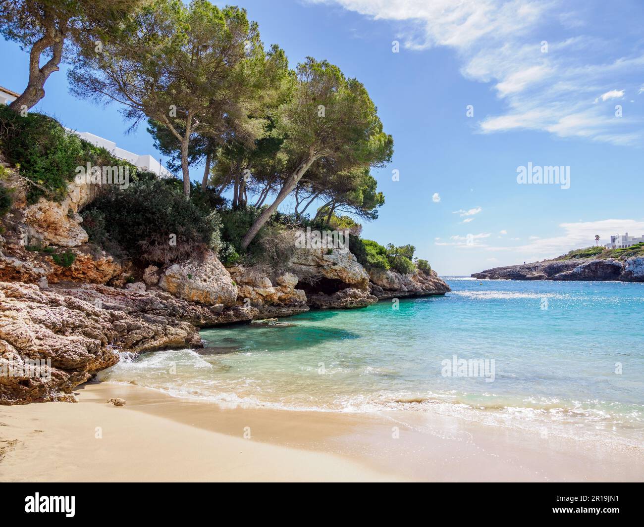 Quiet corner of the small sandy beach at Porto Cristo a holiday resort ...