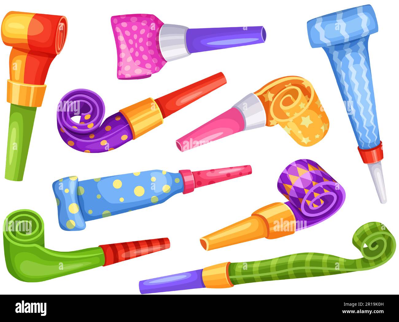 Cartoon party blowers. Tube horn, blowing noisemaker for birthday ...