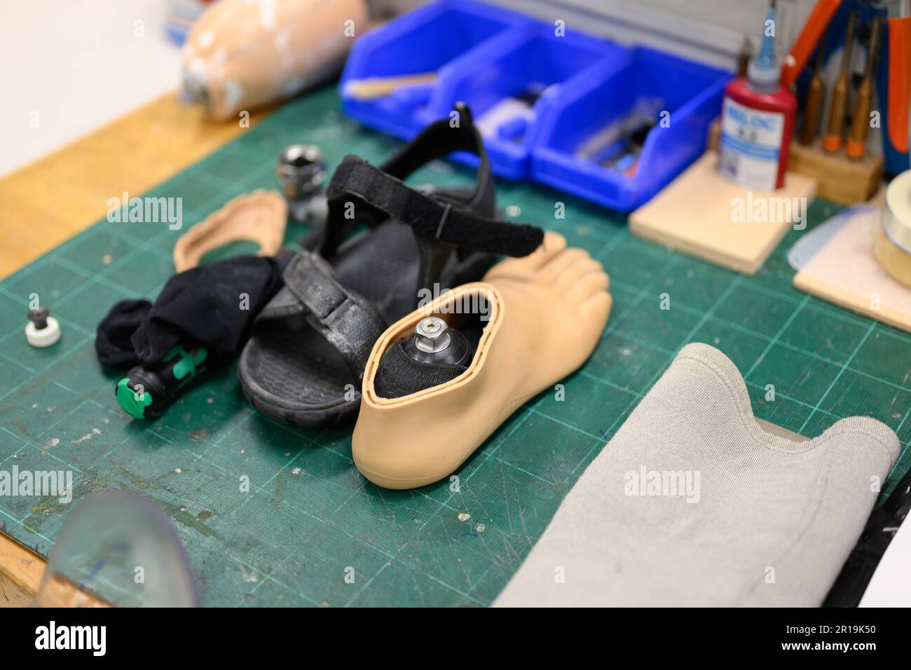 Silicon or plaster casts with tools in prosthetic production factory ...
