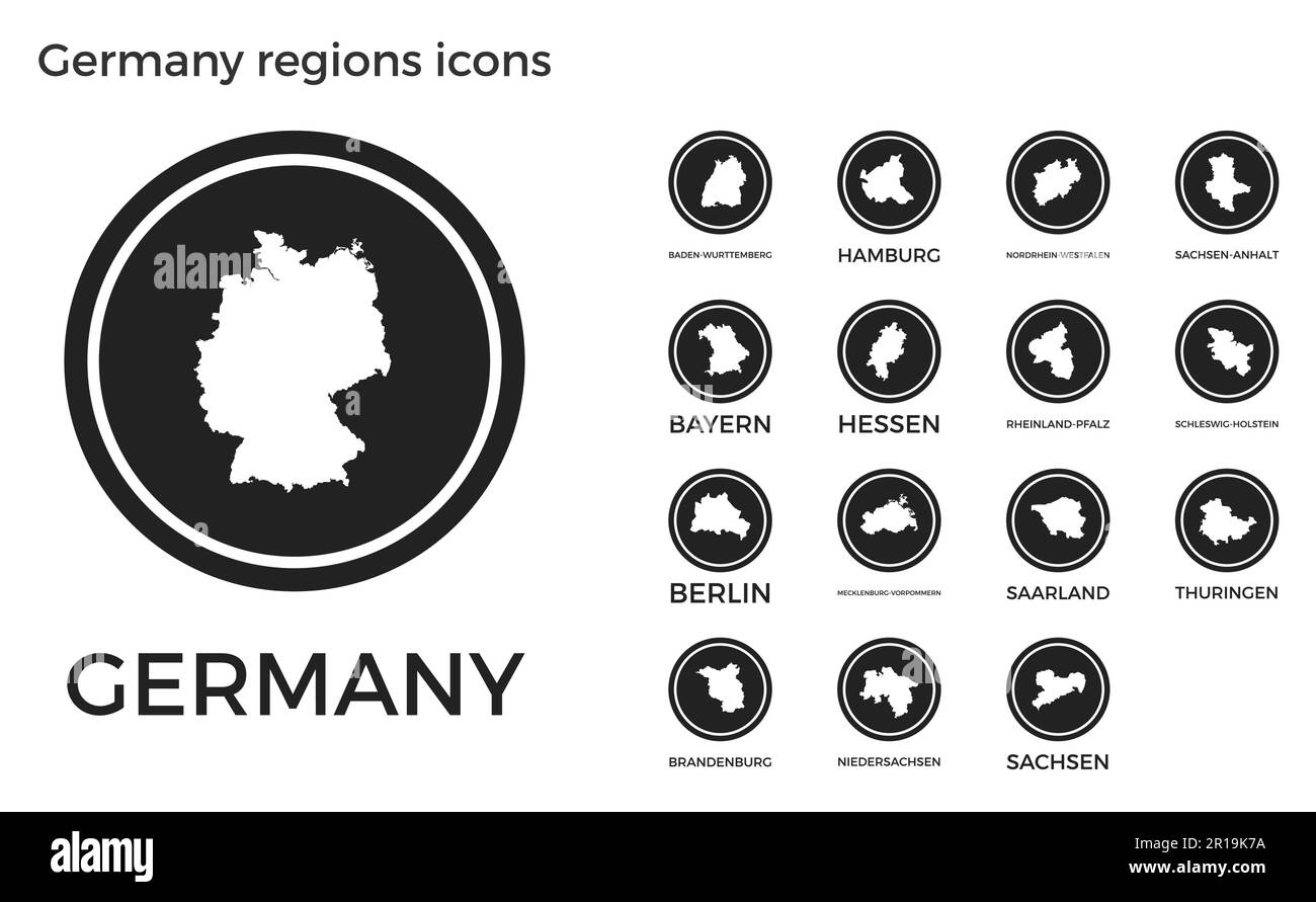 Germany regions icons. Black round logos with country regions maps and ...