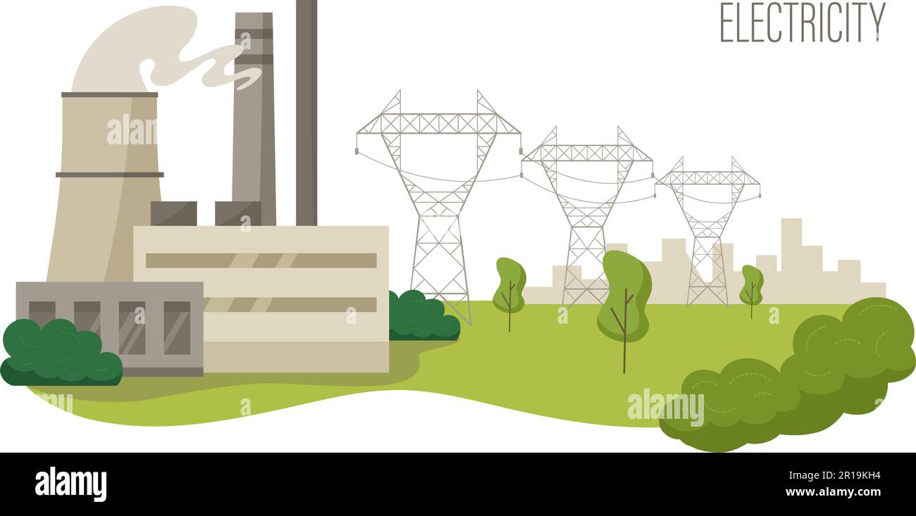 Electric power transmission to city. High voltage power lines pylons ...