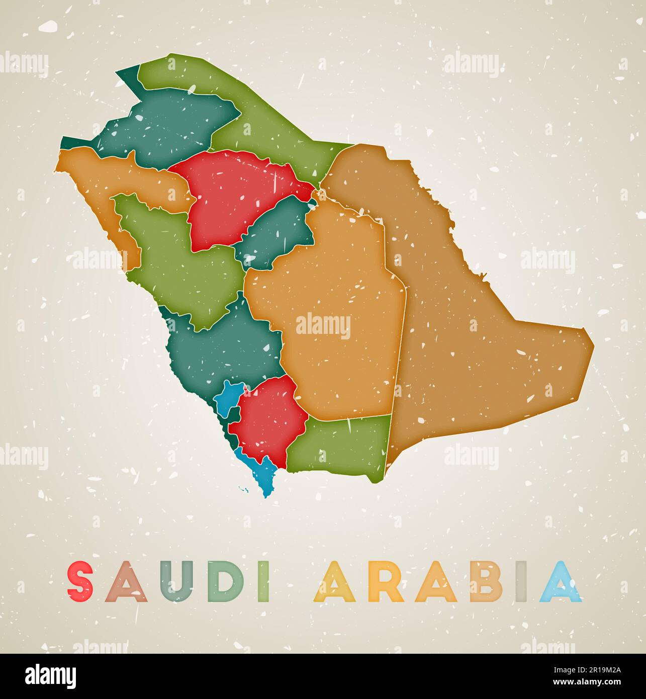 Saudi Arabia map. Country poster with colored regions. Old grunge ...