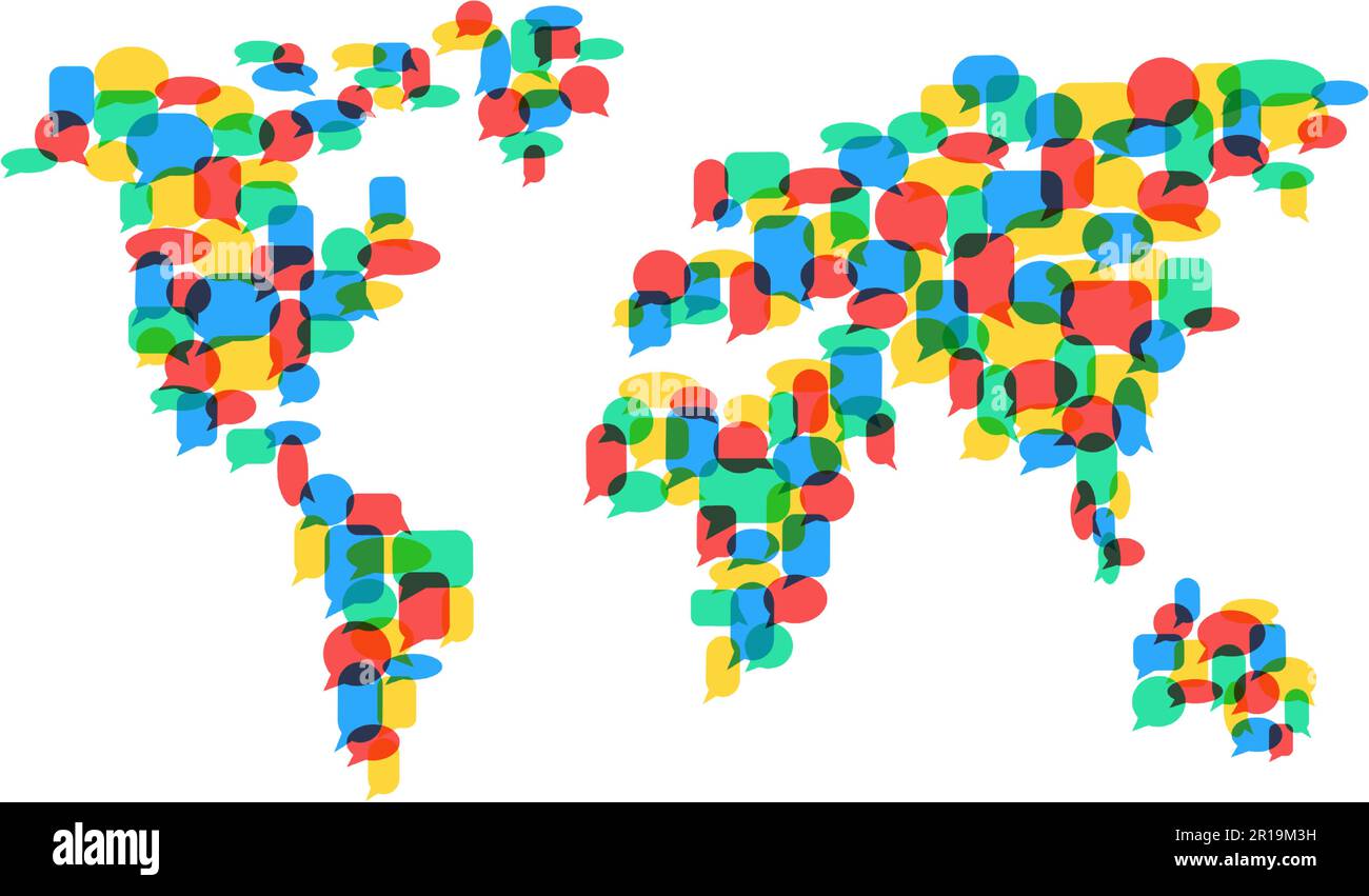 World talk. Global forum, worldwide opinions and colourful speech bubbles map. Free speech ...