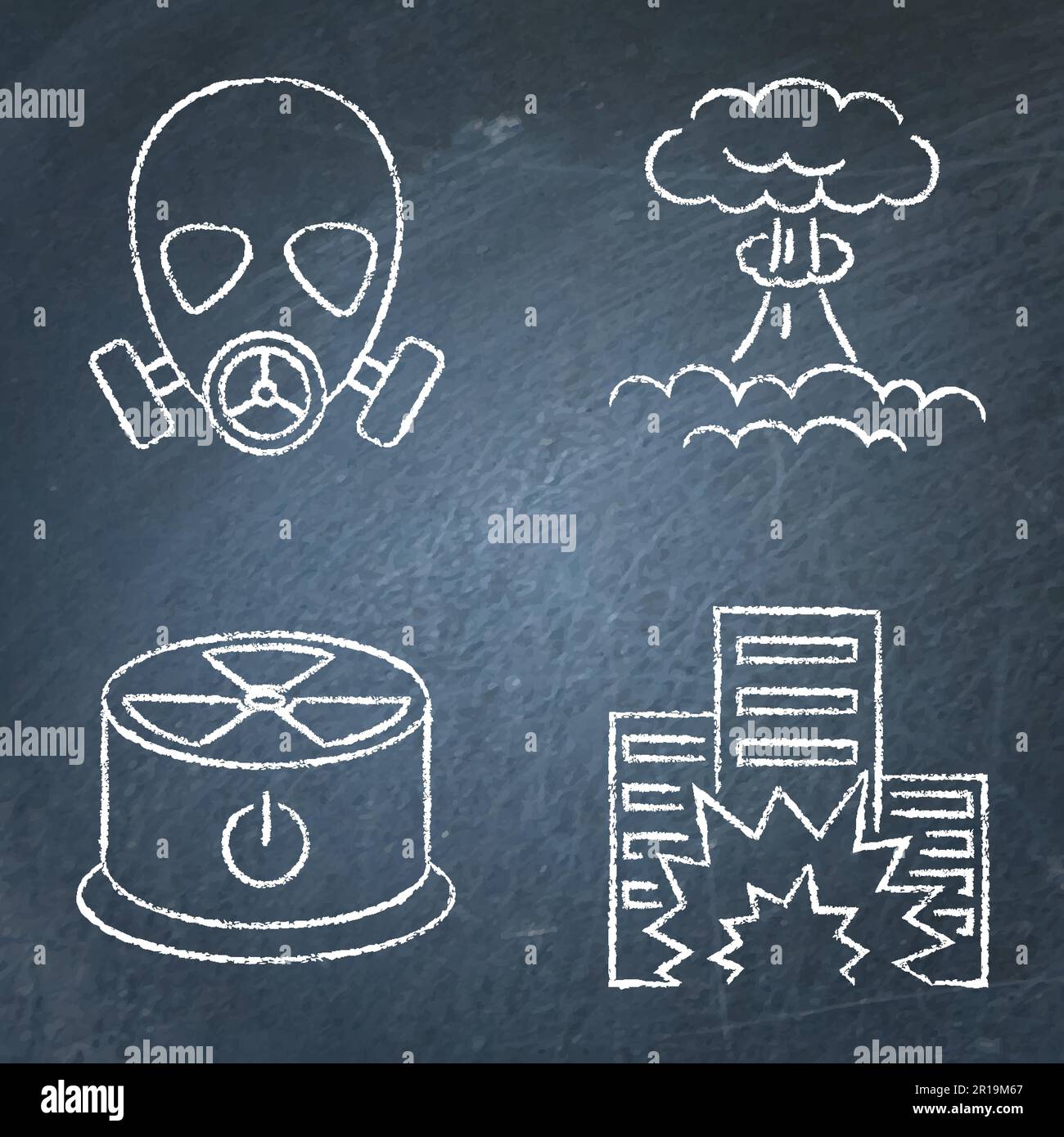 Nuclear explosion icon set on chalkboard. Atomic bomb, house ...