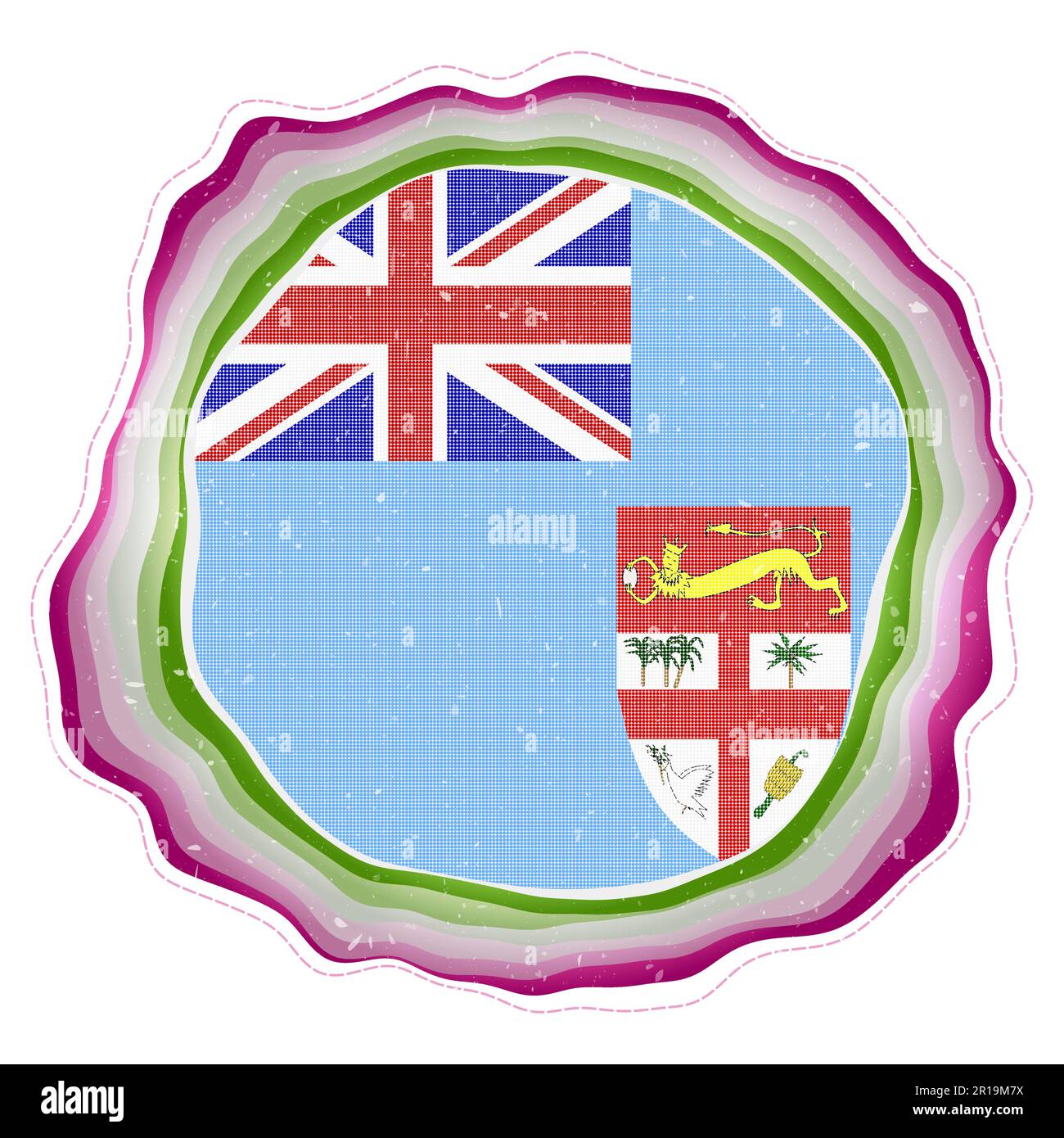 Fiji flag in frame. Badge of the country. Layered circular sign around ...