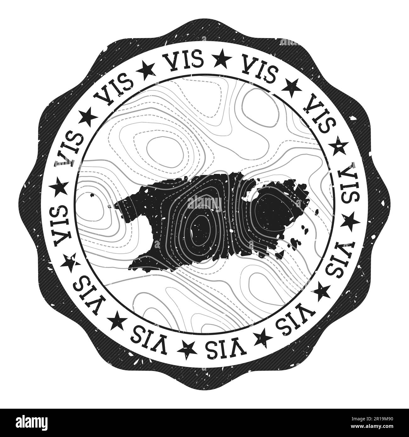 Vis outdoor stamp. Round sticker with map of island with topographic ...