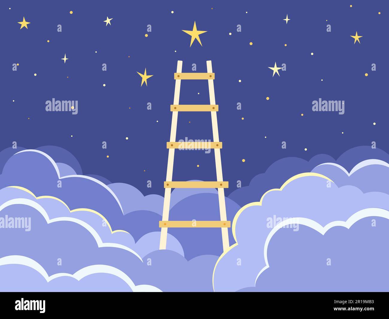Reaching stars with ladder. Starry night over clouds, way leading to ...