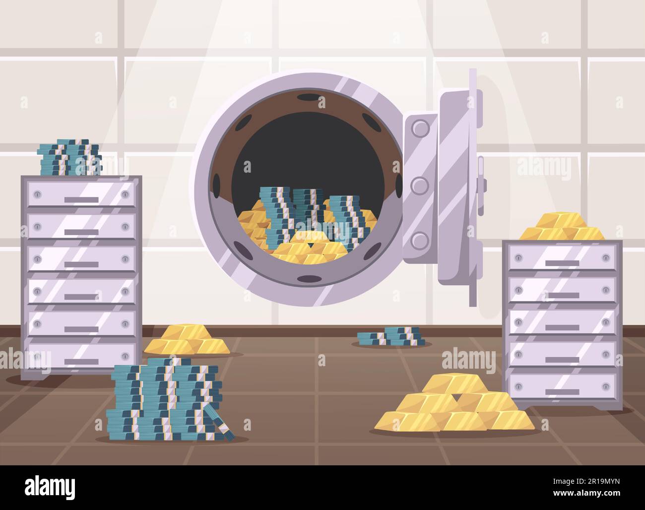 Cartoon bank vault. Gold and currency reserve, safe room entrance with ...